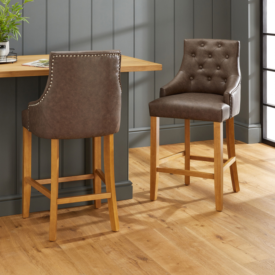 Luxury Vintage Brown Faux Leather Scoop Counter Bar Stool with Oak Legs ...