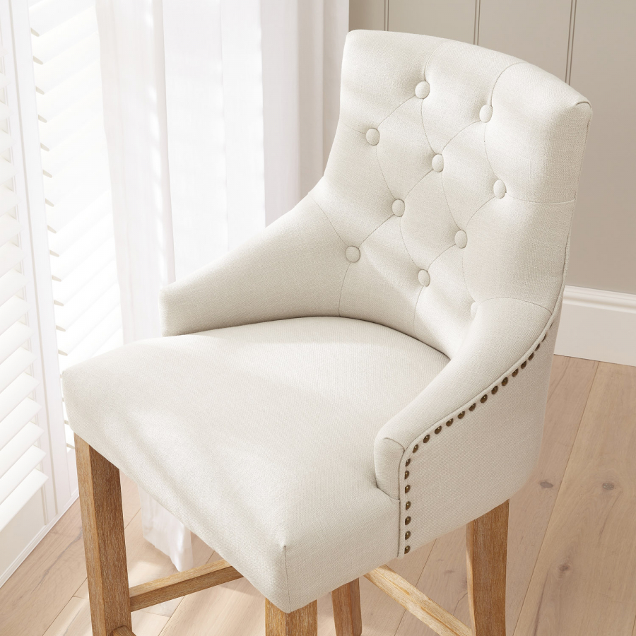 Luxury Natural Linen Fabric Scoop Counter Bar Stool with Limed Oak Legs ...