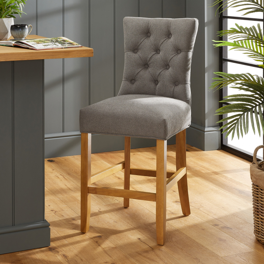 Chester Grey Fabric Counter Bar Stool with Oak Legs | The Furniture Market
