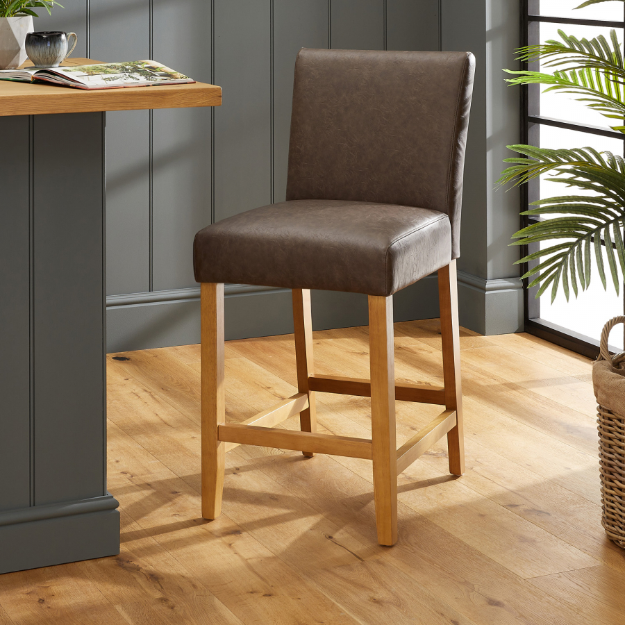 Monty Vintage Brown Faux Leather Counter Bar Stool with Oak Legs | The ...