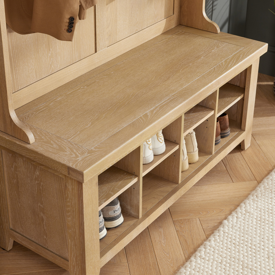 Cheshire Whitewash Oak Hallway Shoe Storage Bench with Coat Rack | The ...