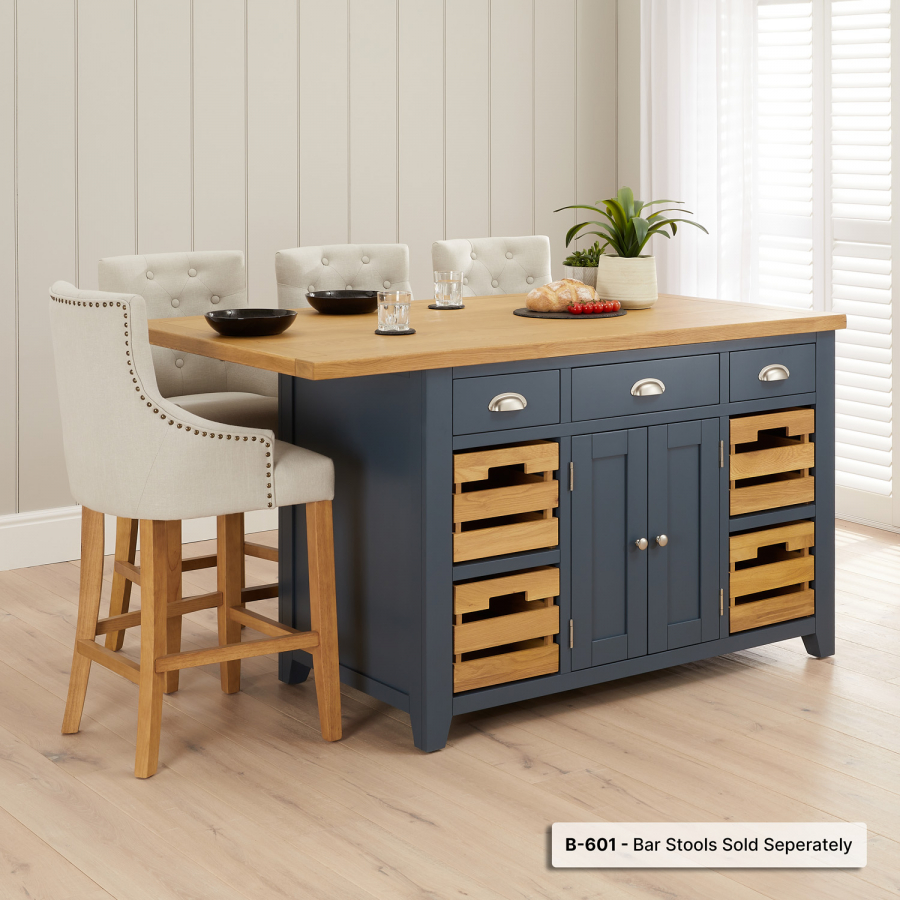 Westbury Blue Painted Large Kitchen Island with Bar Table Top (4 Seater ...
