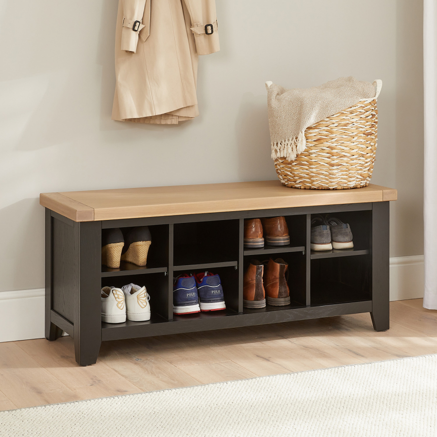 Cheshire Black Painted Oak Hallway Shoe Storage Bench | The Furniture ...