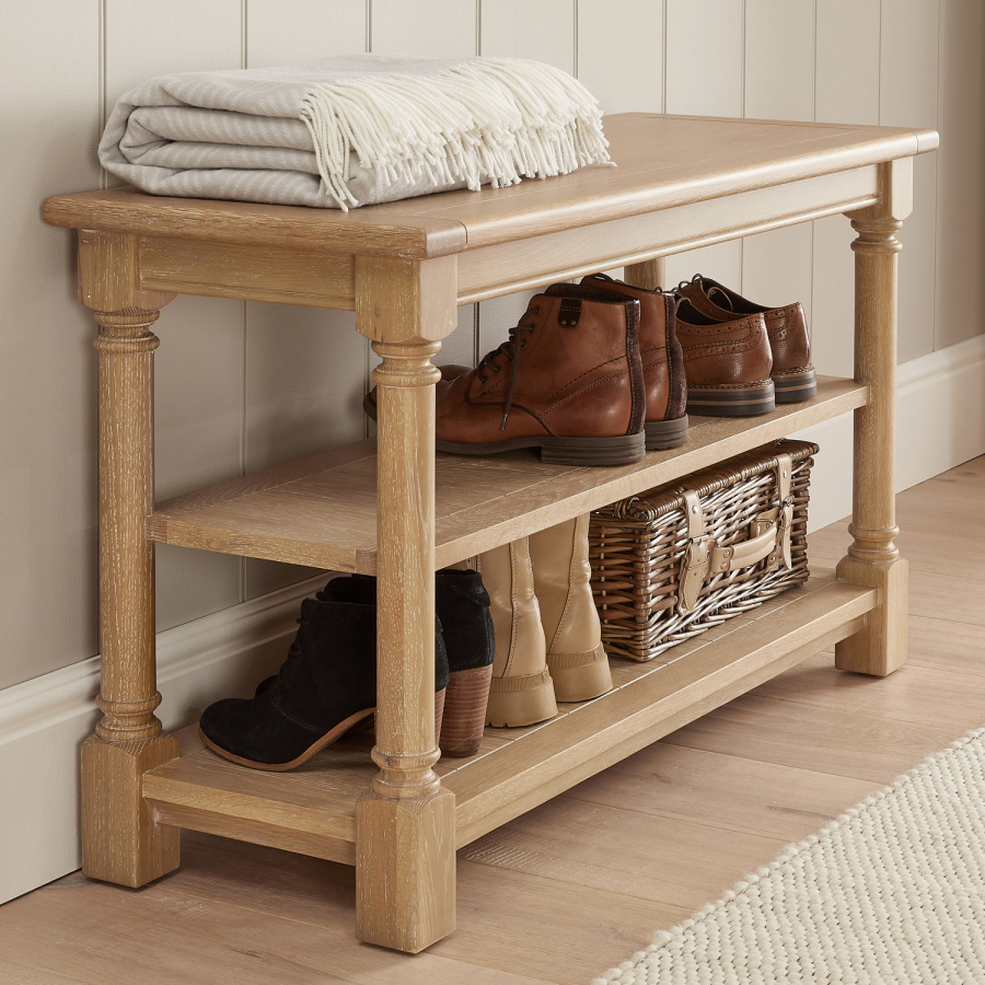 Classic Whitewash Oak Small Hallway Shoe Storage Bench | The Furniture ...
