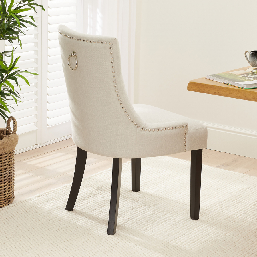 Luxury Natural Fabric Scoop Back Dining Chair – Black Satin Legs | The ...