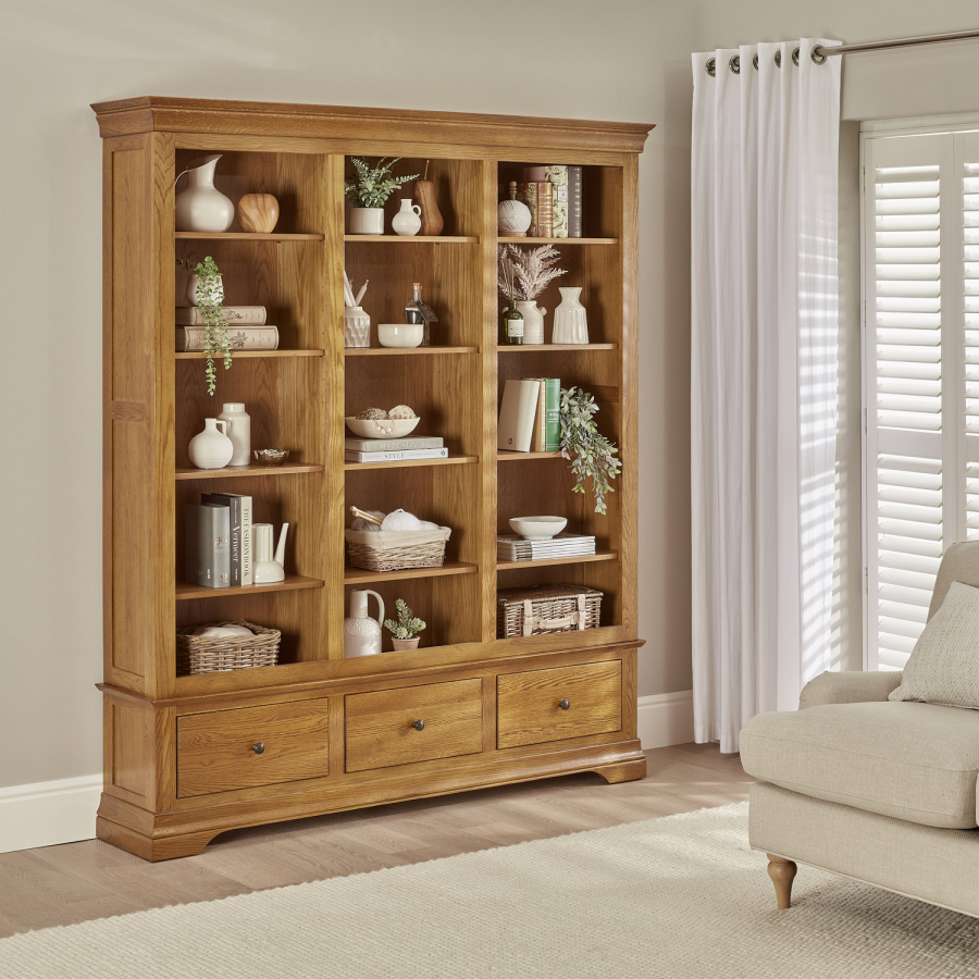 French Louis Oak Extra Large Grand Library Bookcase with 3 Drawers ...
