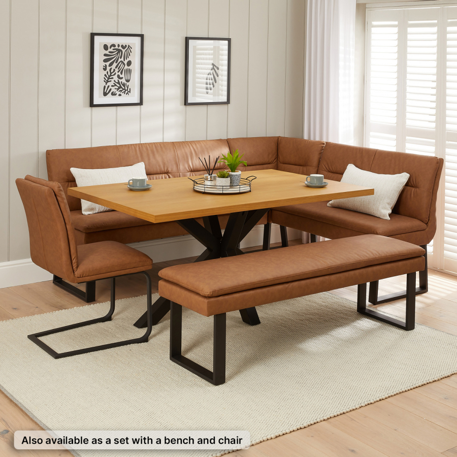 Starburst Oak 1.6m Dining Table & Bronx Tan Brown Corner Bench Set ...