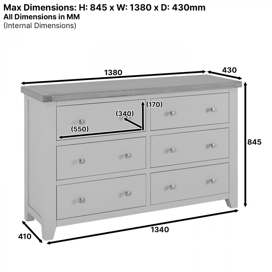 Cheshire Dove Grey Painted Large Wide 6 Drawer Chest | The Furniture Market