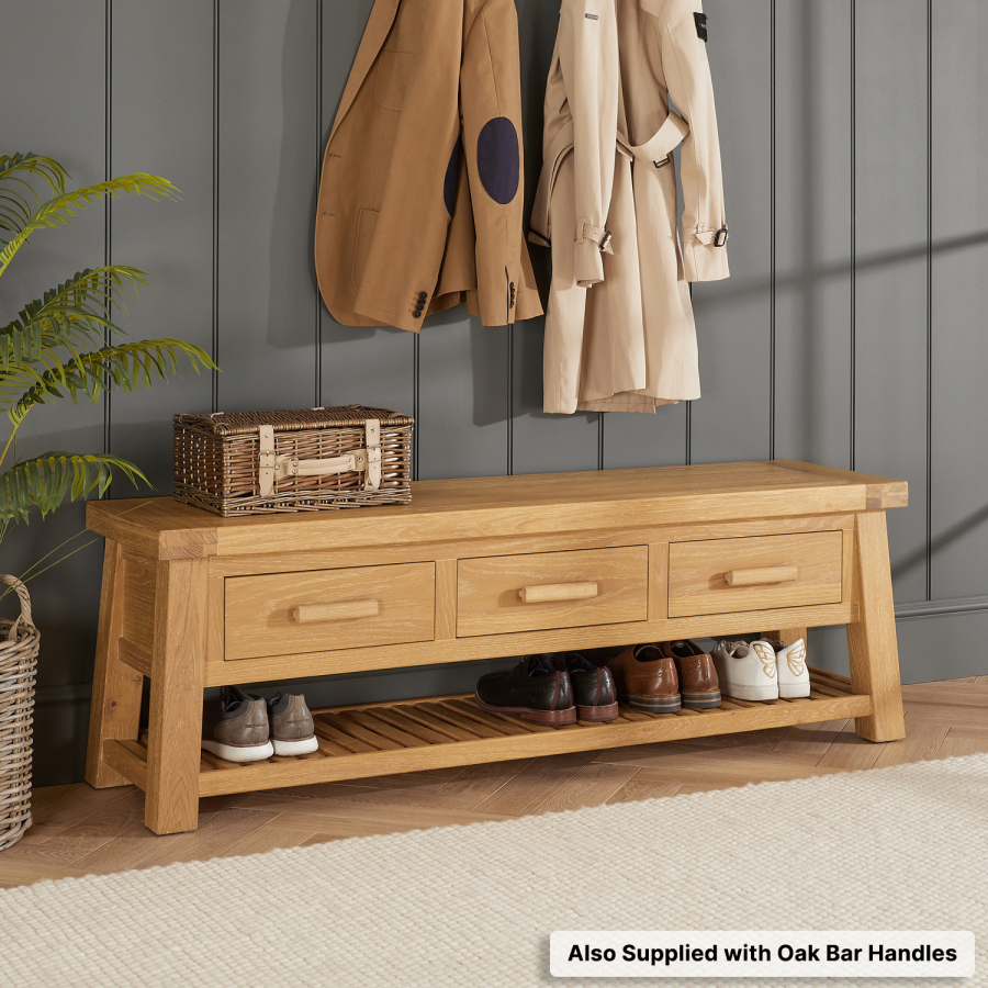 Marbury Classic Oak Large Trestle Hallway Shoe Bench | The Furniture Market