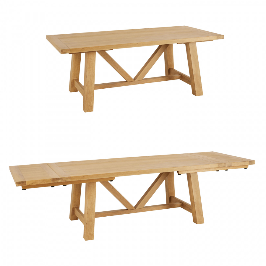 Marbury Classic Oak Extending Trestle Dining Table & 10 Natural Boucle ...
