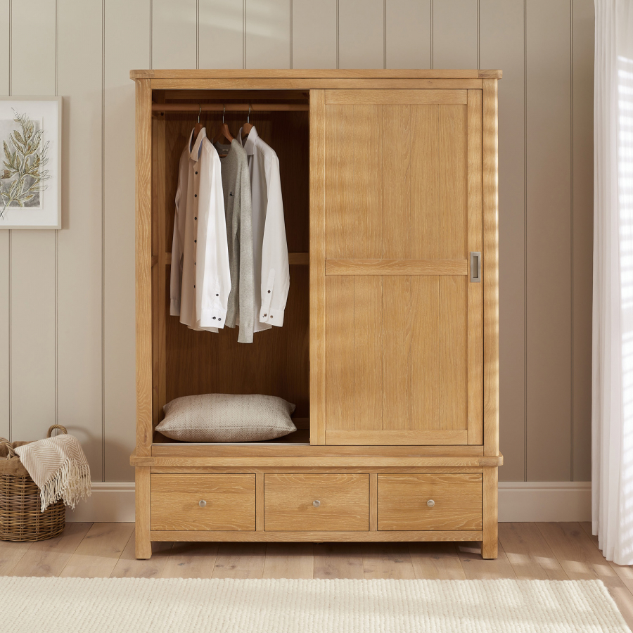 Marbury Oak Large Double Wardrobe with 2 Sliding Doors & 3 Drawers ...