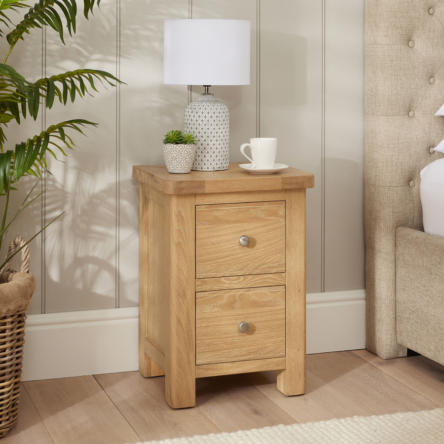 Marbury Oak 2 Drawer Slim Narrow Bedside Table | The Furniture Market