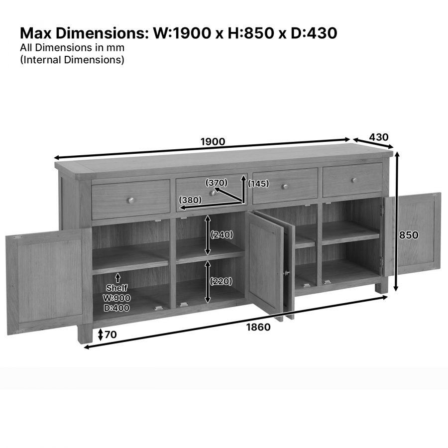 Marbury Oak Extra Large 4 Drawer 4 Door Sideboard | The Furniture Market