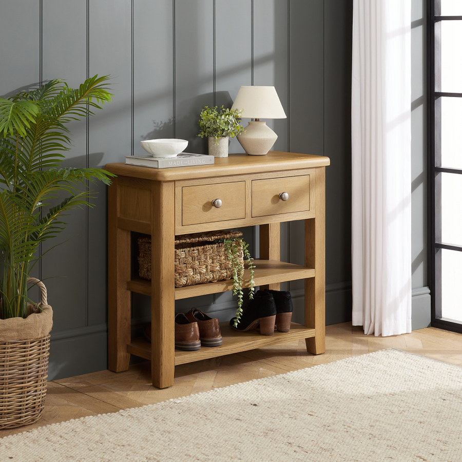 Cotswold Rustic Smoked Oak 2 Drawer Hall Console Table | The Furniture ...