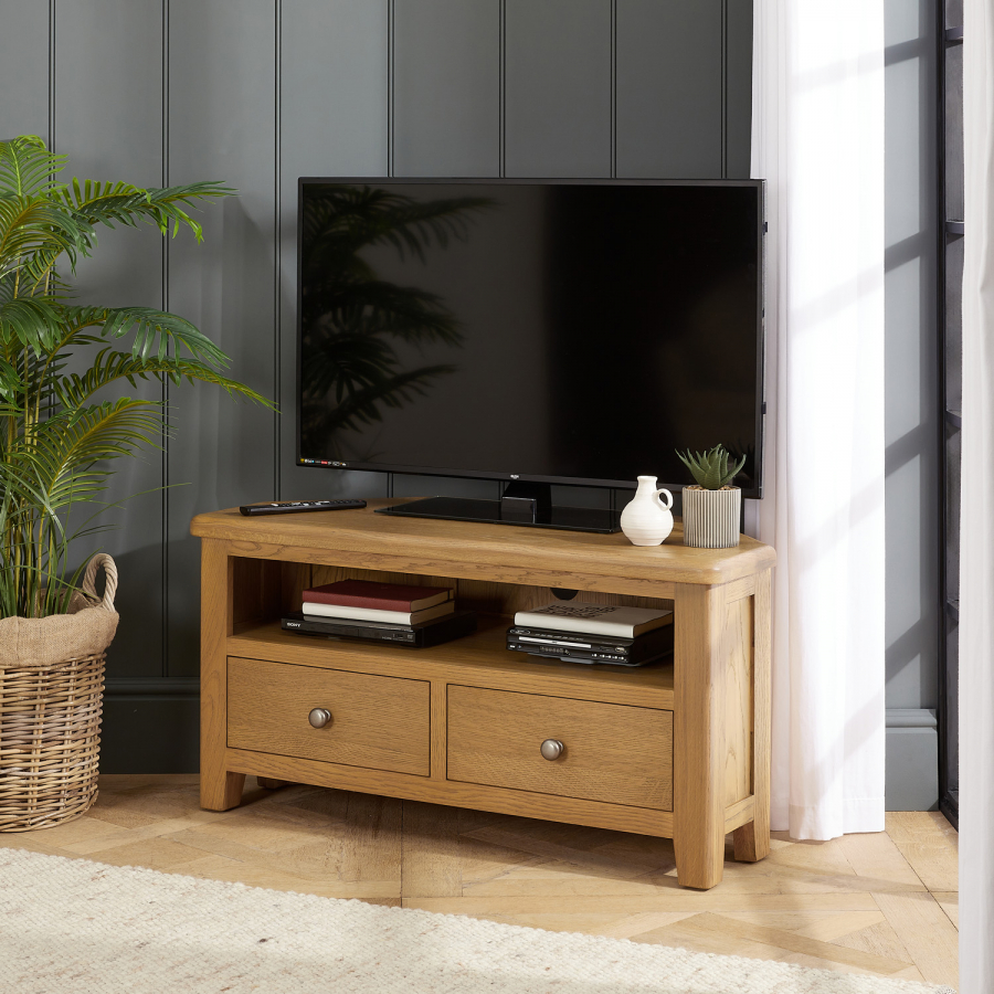 Cotswold Rustic Smoked Oak Corner TV Unit Stand – Up to 46” Widescreen ...
