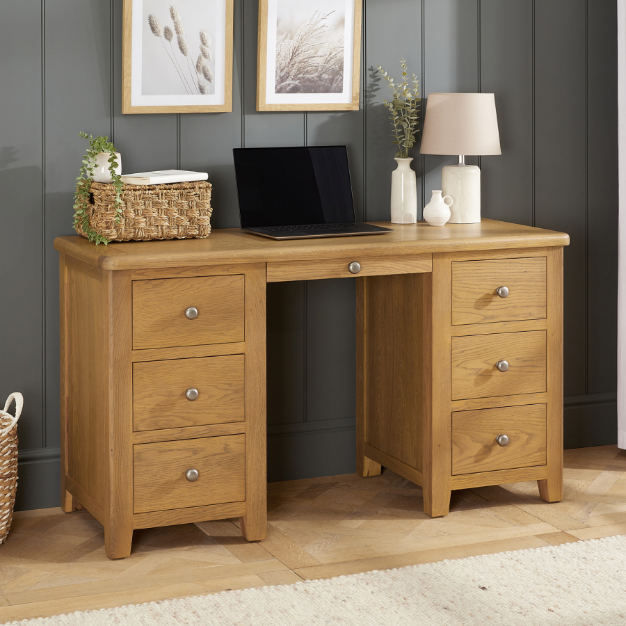 Cotswold Rustic Smoked Oak Large Twin Pedestal Desk | The Furniture Market