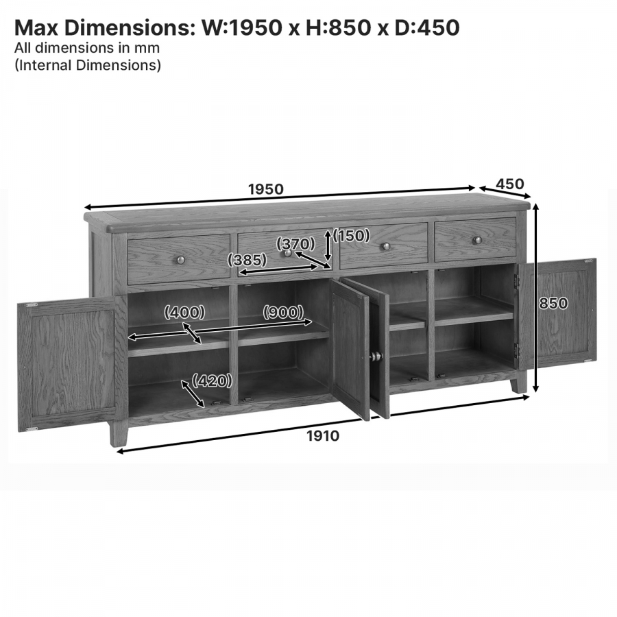 Cotswold Rustic Smoked Oak Extra Large 4 Drawer 4 Door Sideboard | The ...