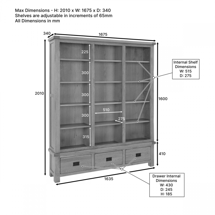 Rustic Oak Extra Large Grand Library Bookcase with 3 Drawers | The ...
