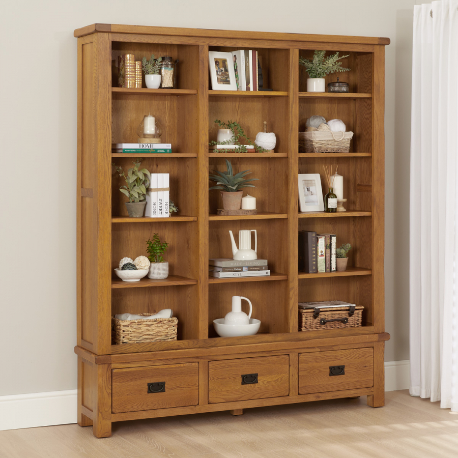 Rustic Oak Extra Large Grand Library Bookcase with 3 Drawers | The ...