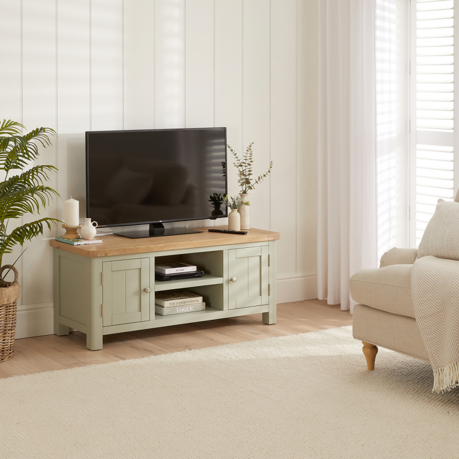 Marbury Sage Green Painted Widescreen TV Unit Stand – Up to 60” TV Size ...