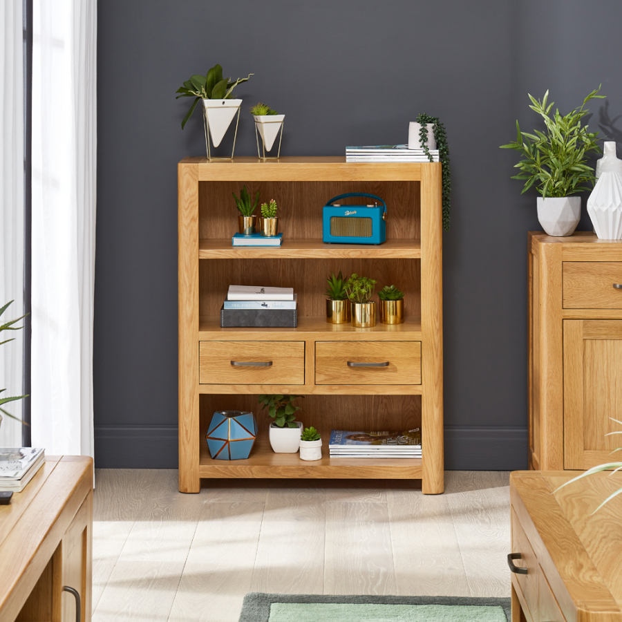 Soho Oak Curved Small Compact Low Bookcase with 2 Drawers | The ...