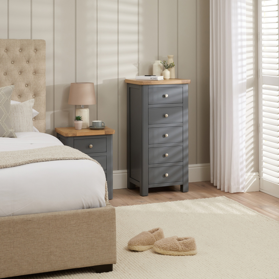 Marbury Slate Grey Painted 5 Drawer Tallboy Narrow Chest | The ...
