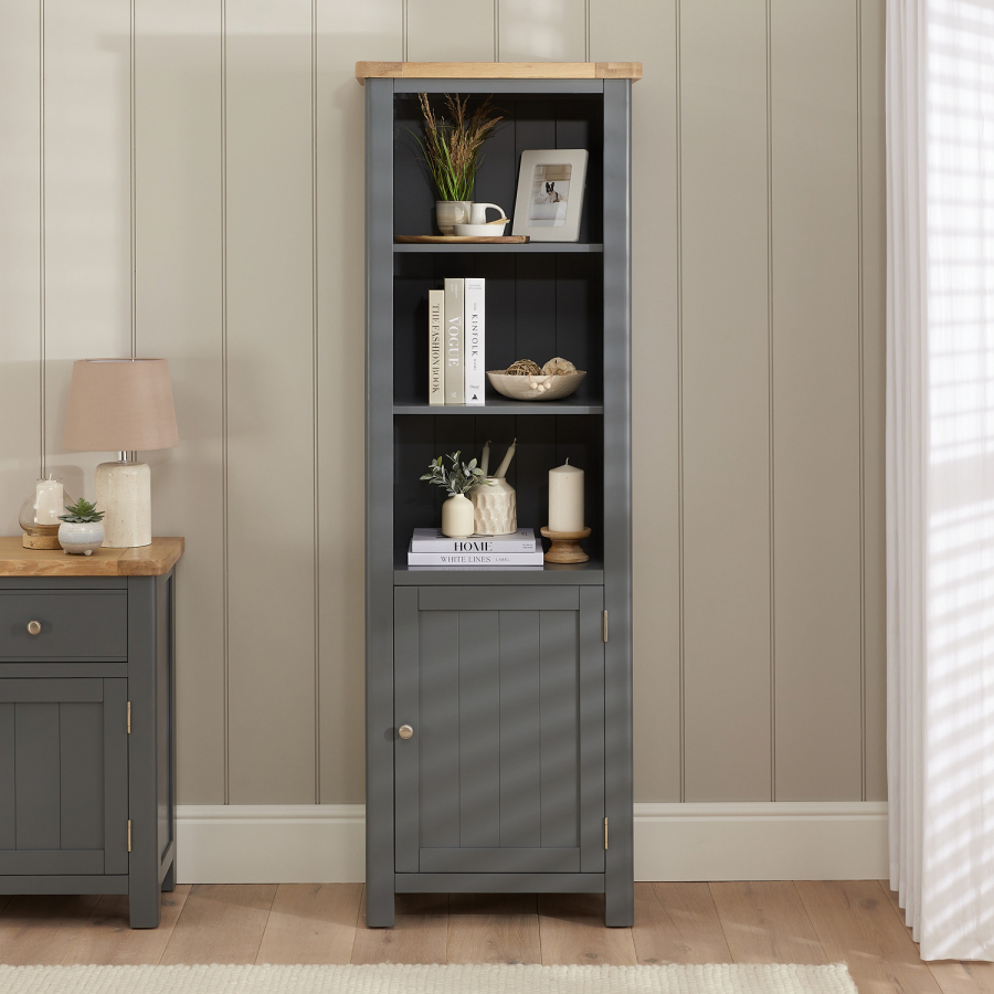 Marbury Slate Grey Painted Tall Narrow Bookcase with 1 Door Cupboard ...