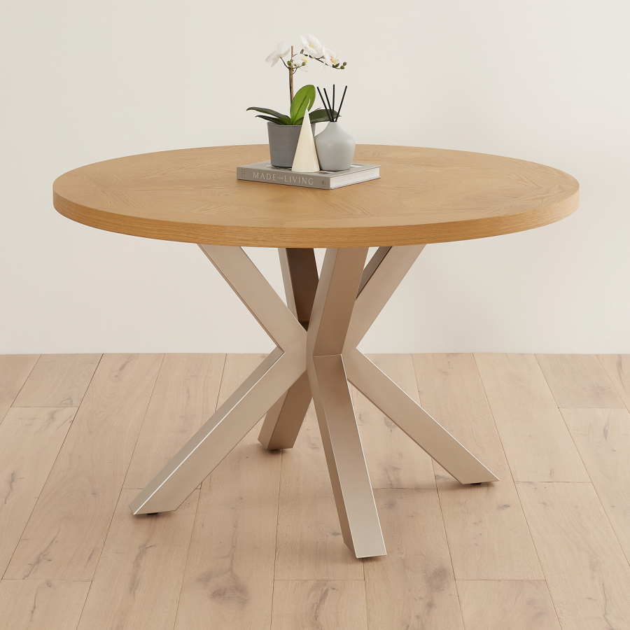Industrial Parquet Natural Oak 120cm Round Dining Table with Grey ...