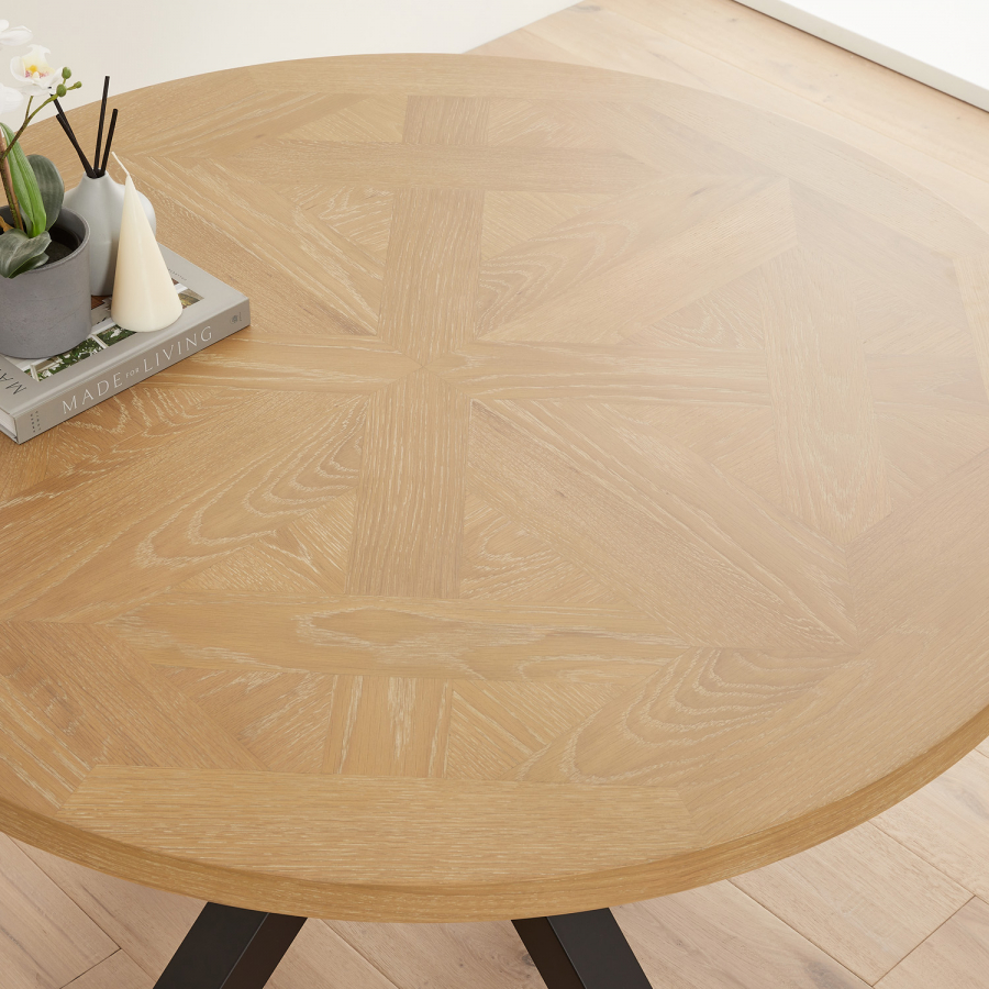 Industrial Parquet Limed Oak 120cm Round Dining Table with Black ...
