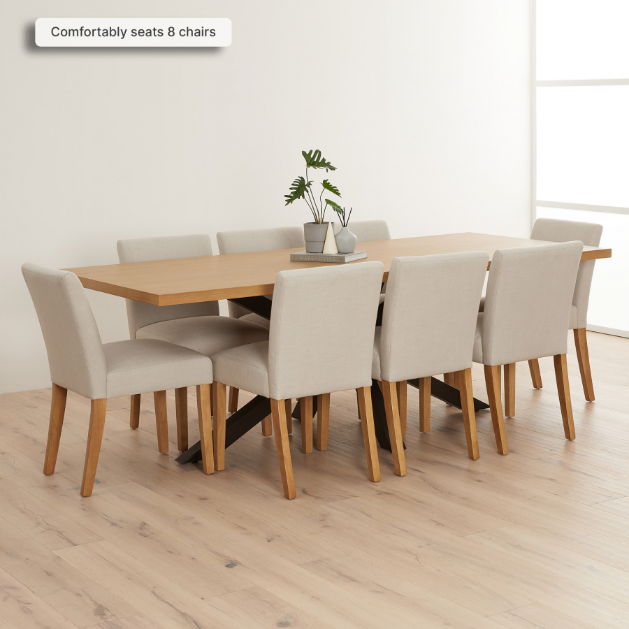 Industrial Natural Oak 220cm Dining Table with Black Starburst Legs – 8 ...