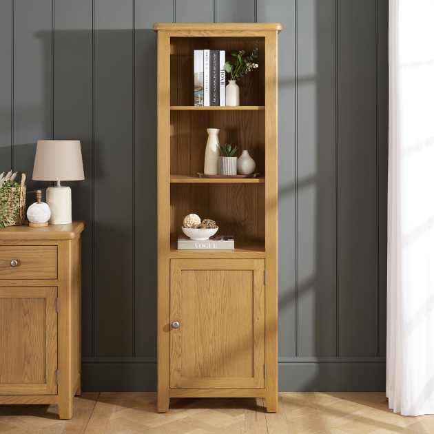 Cotswold Rustic Smoked Oak Tall Narrow Bookcase with 1 Door Cupboard ...