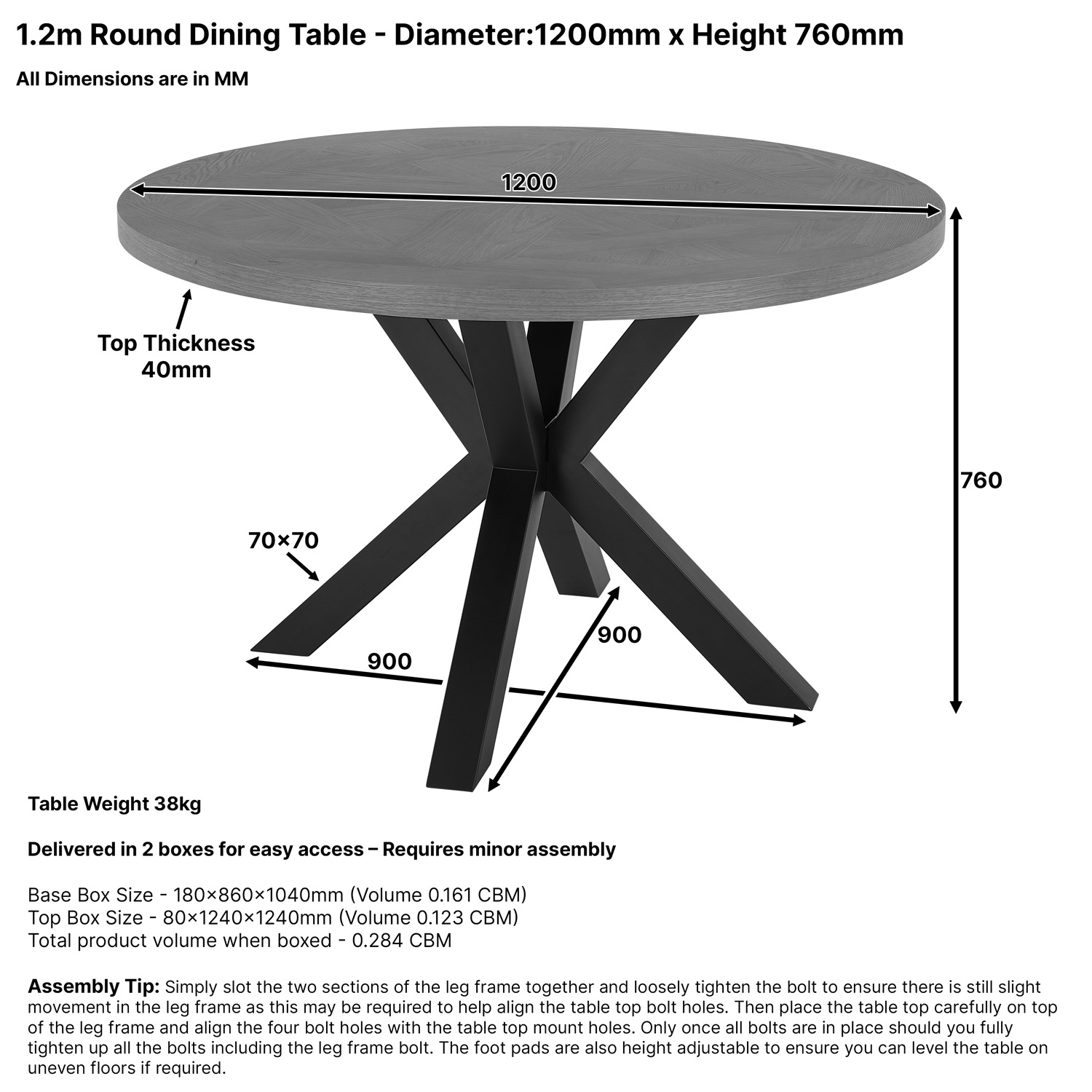 Industrial Parquet Limed Oak 120cm Round Dining Table with Black ...