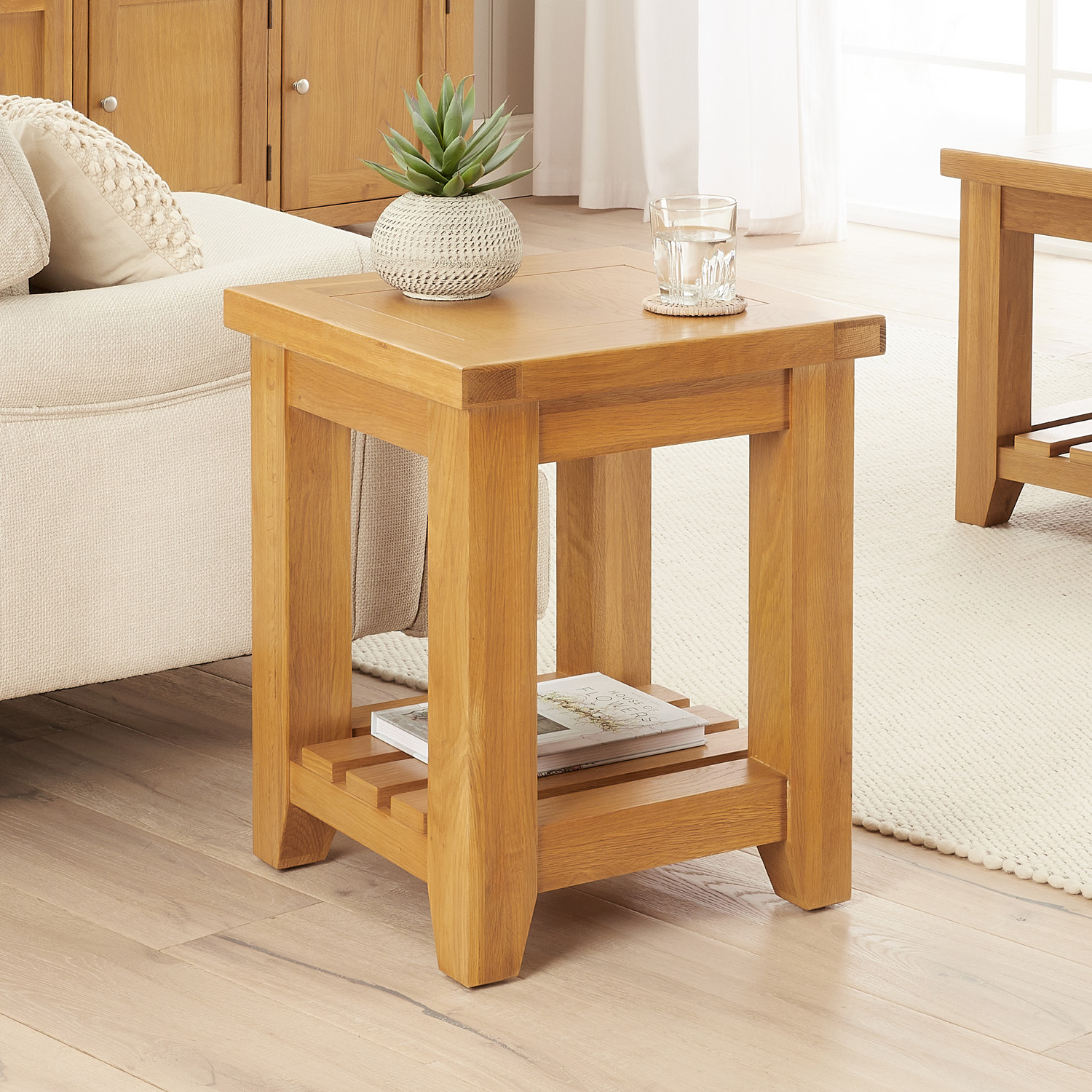 Cheshire Oak Side Lamp Table with Slatted Shelf | The Furniture Market