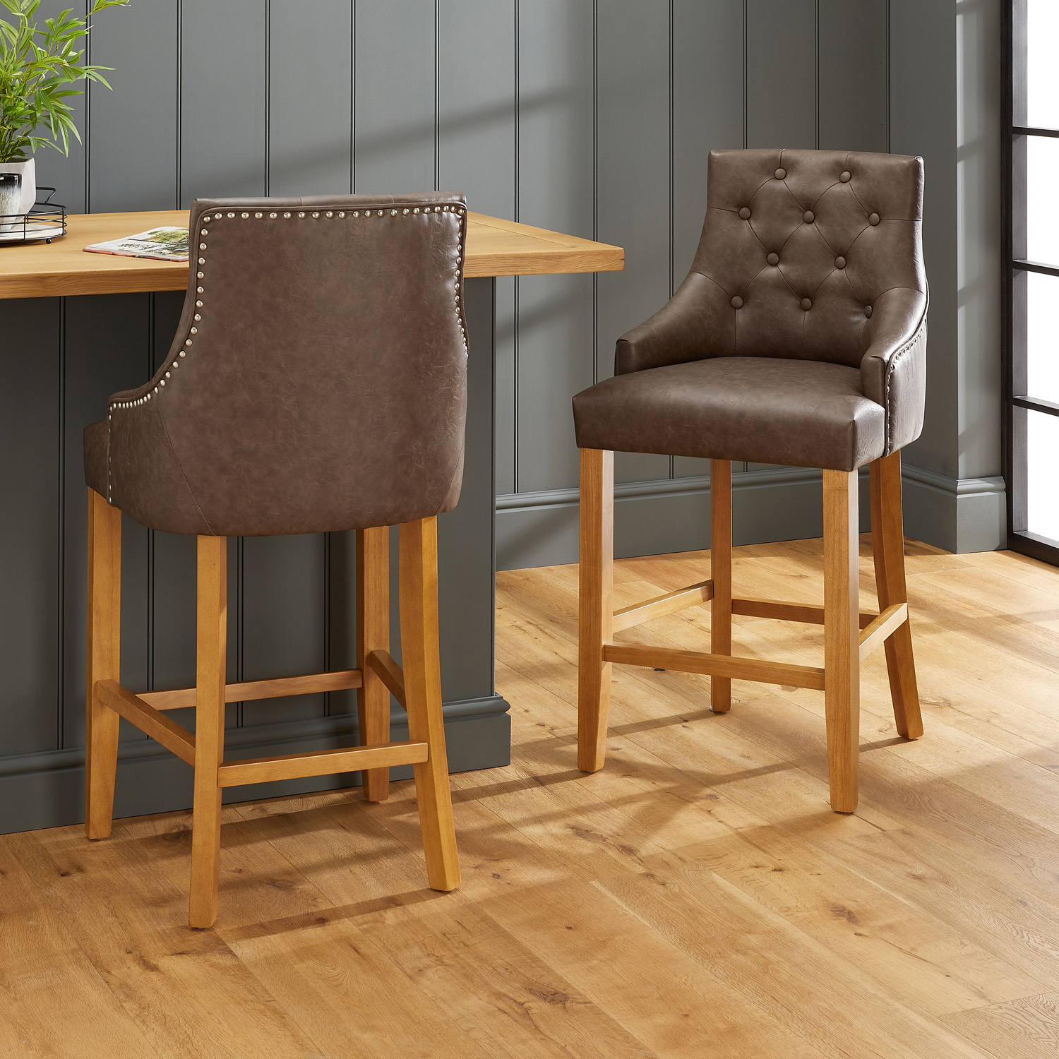 Luxury Vintage Brown Faux Leather Scoop Counter Bar Stool with Oak Legs ...