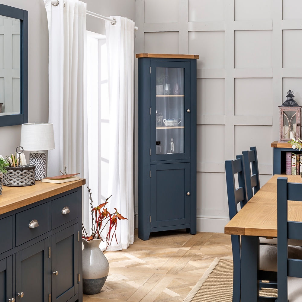 Westbury Blue Painted Tall Glazed Corner Cabinet | The Furniture Market