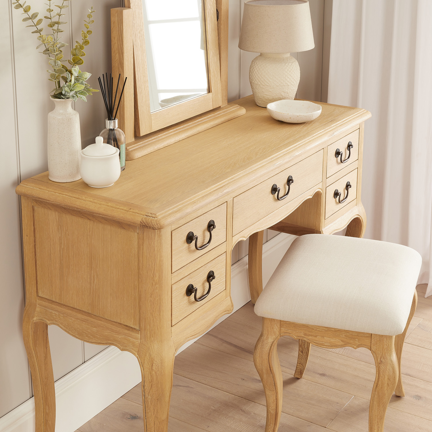 French Chateau Oak Dressing Table Set with Mirror and Stool | The ...
