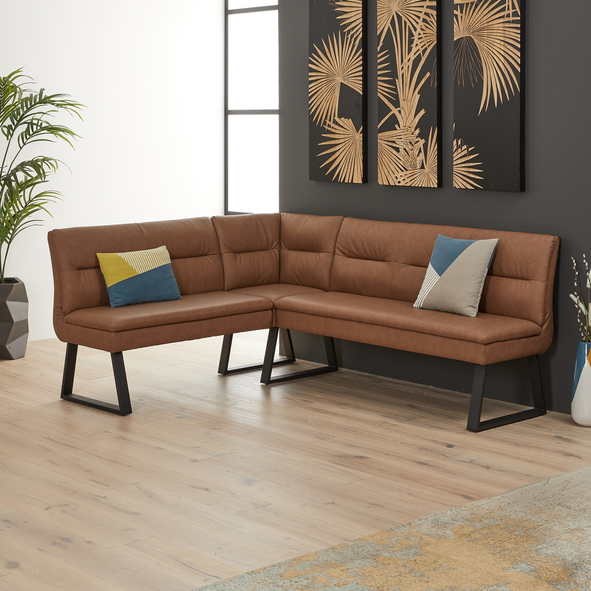 Bronx Industrial Corner Dining Bench and 3 Chairs Set – Tan Brown Faux ...