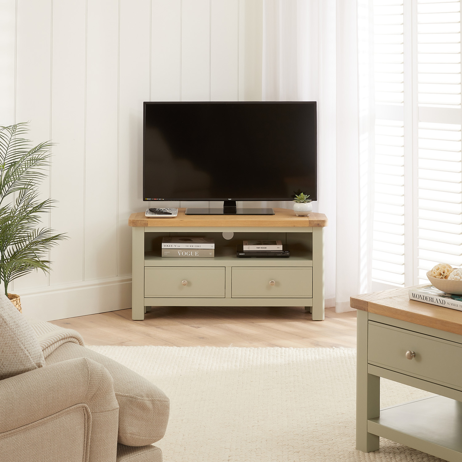 Marbury Sage Green Painted Corner TV Unit Stand – Up to 50” Widescreen ...