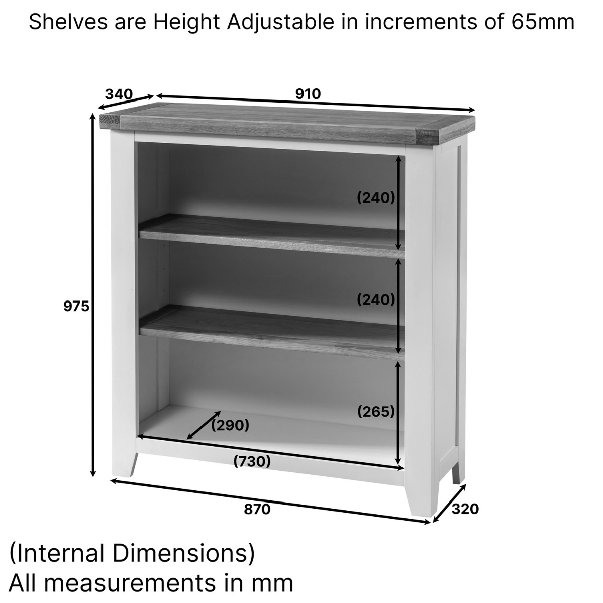 Cheshire Cream Painted Small Low Compact Adjustable 2 Shelf Bookcase ...