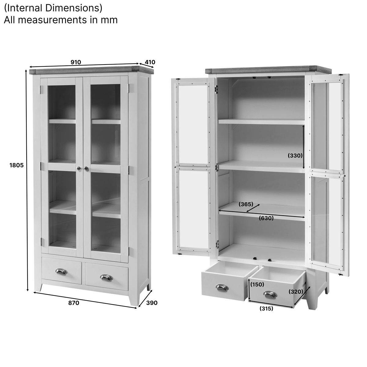 Cheshire Cream Painted Glazed 2 Door 2 Drawer Tall Display Cabinet ...